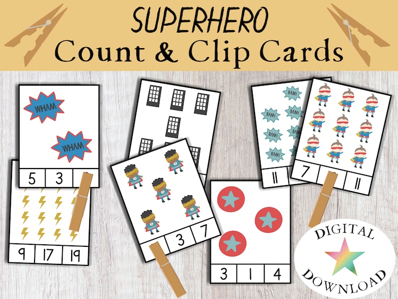 Superhero Count & Clip Cards, Numbers 1-20, Preschool Printables ...