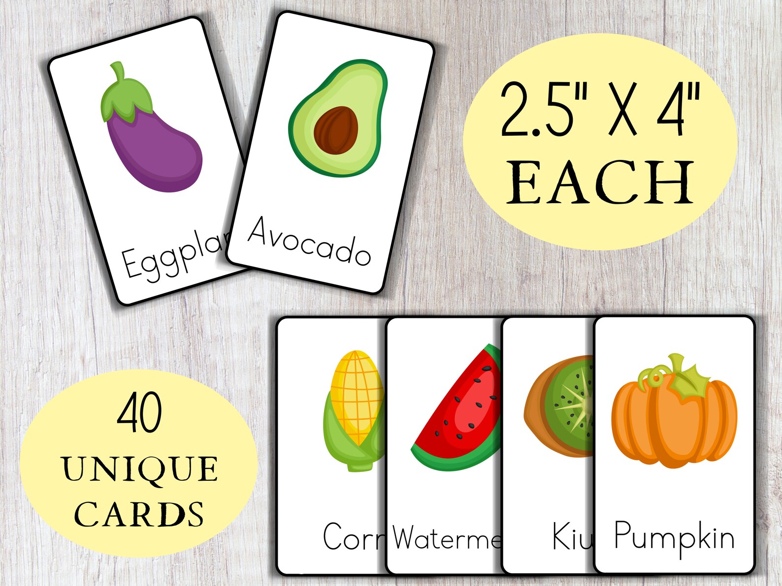 40 Fruits and Vegetables Flashcards for Kids, Montessori Materials ...
