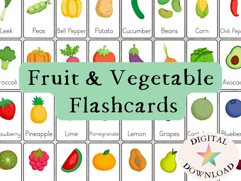40 Fruits and Vegetables Flashcards for Kids, Montessori Materials ...