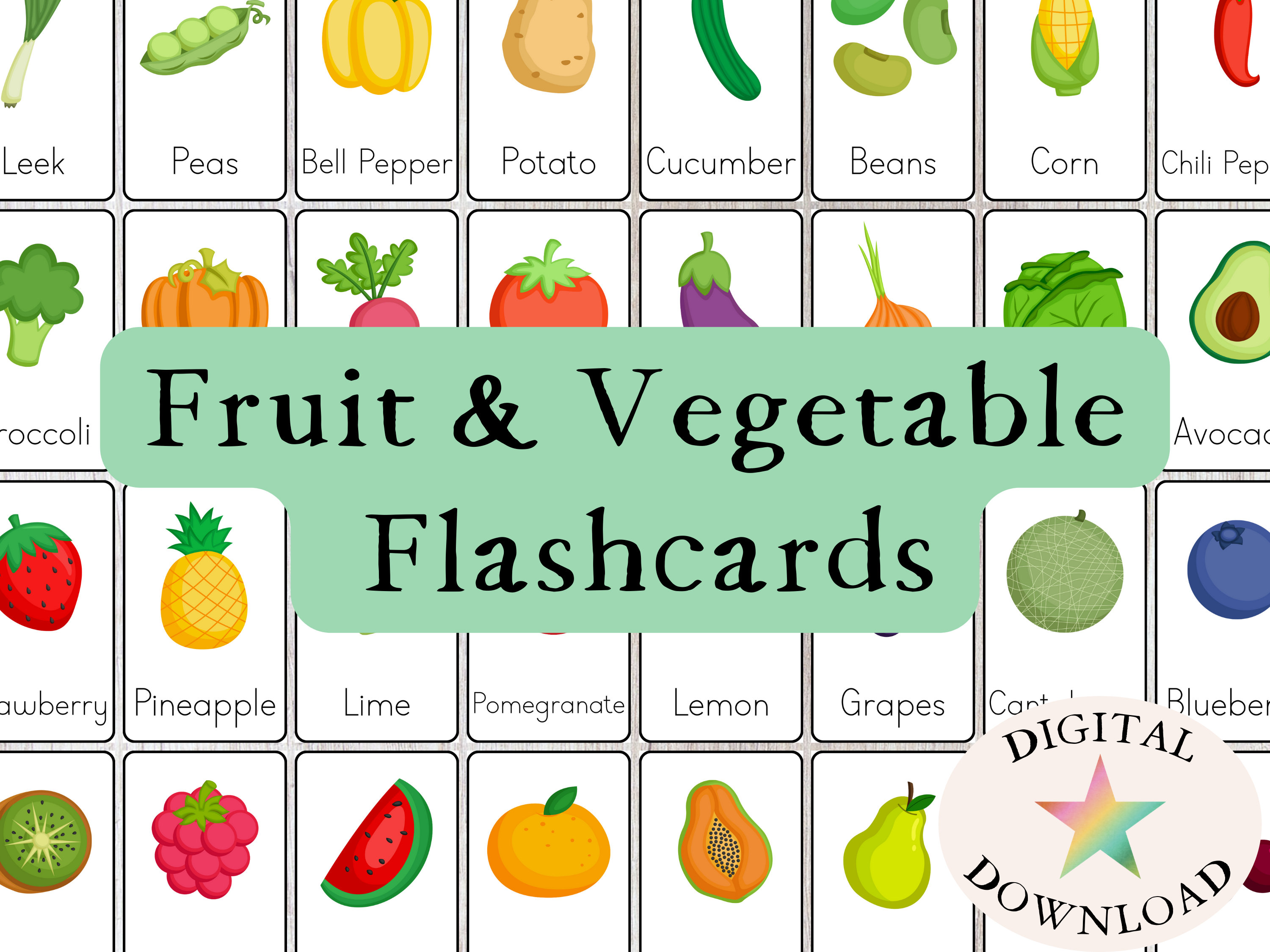 40 Fruits and Vegetables Flashcards for Kids, Montessori Materials ...