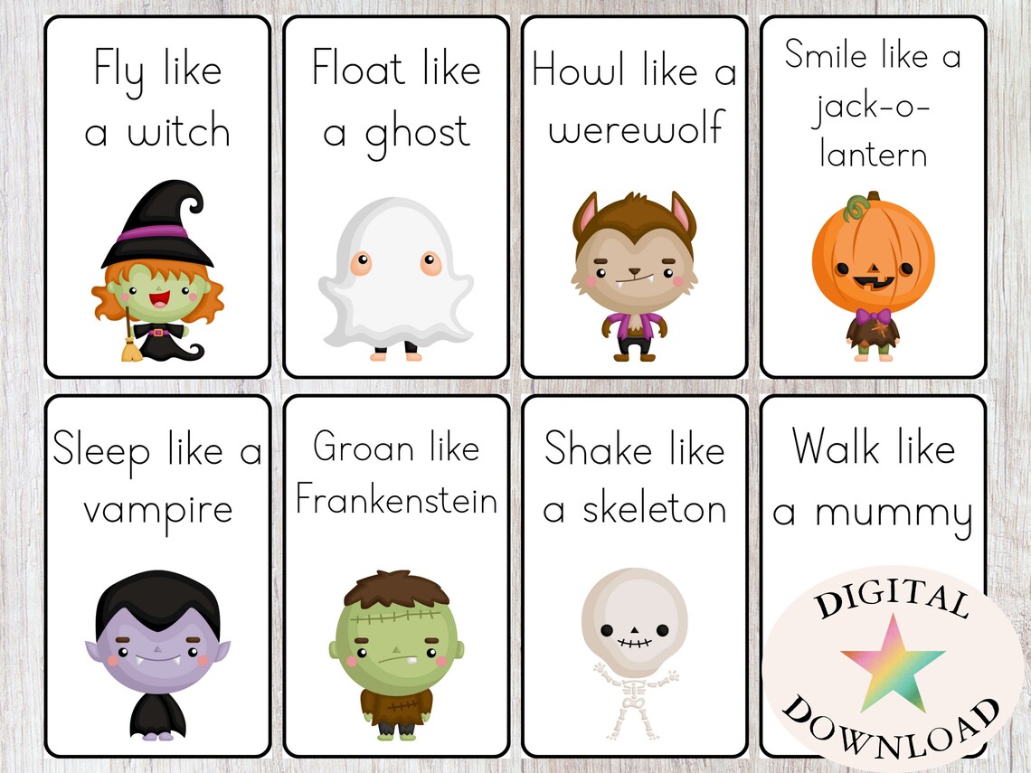 Halloween Movement Cards, Flash Cards, Montessori Materials, Outdoor ...
