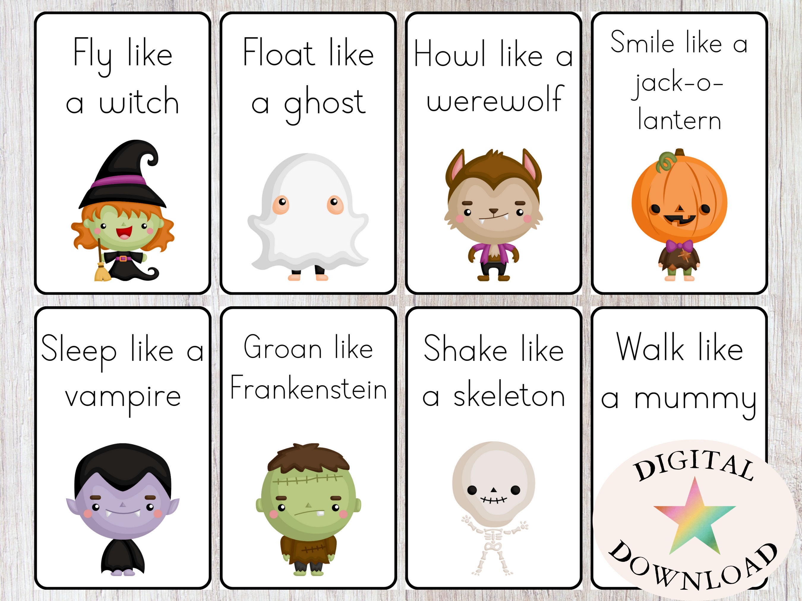 Halloween Movement Cards, Flash Cards, Montessori Materials, Outdoor ...