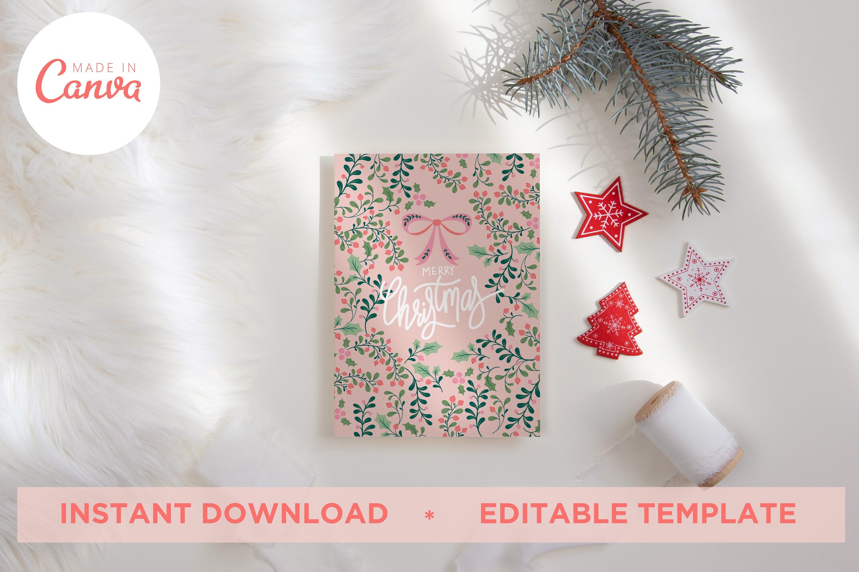 Printable Christmas Cards With Photo, Pink Holly Christmas Card Digital ...