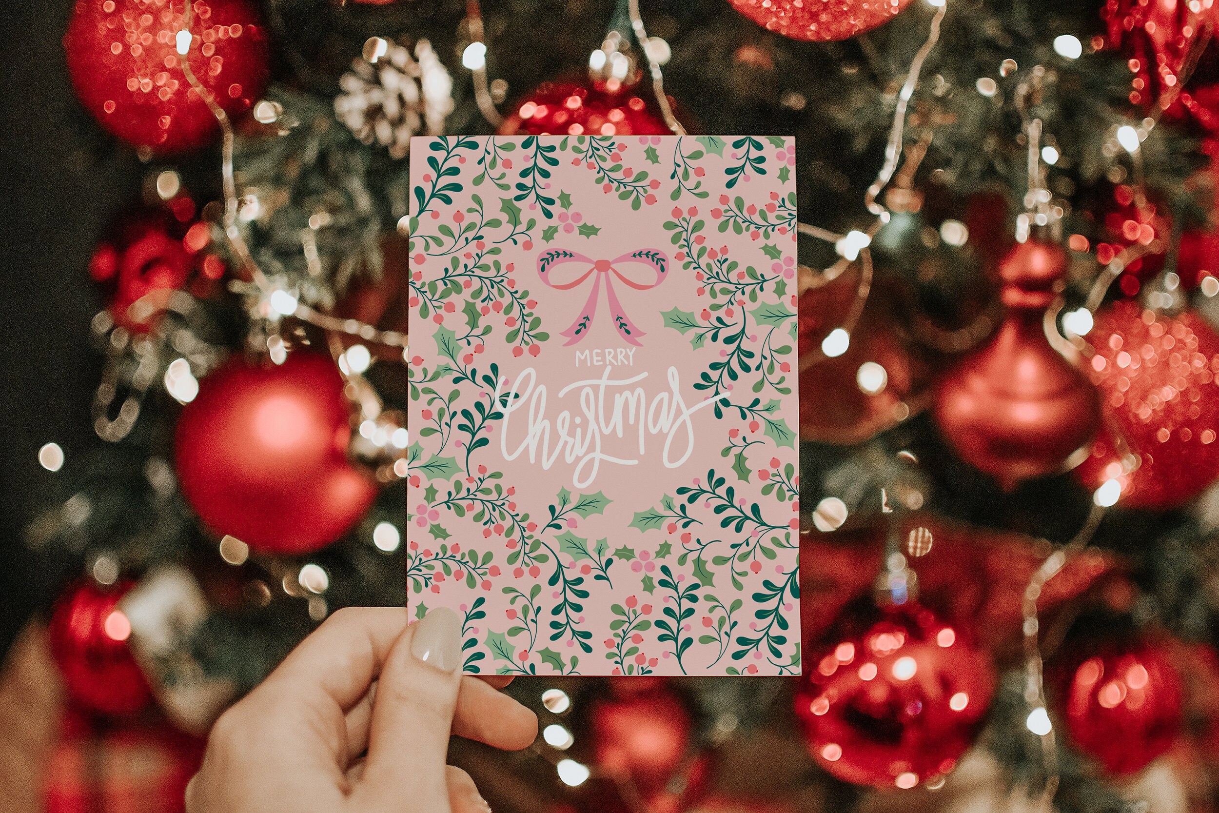 Printable Christmas Cards With Photo, Pink Holly Christmas Card Digital ...