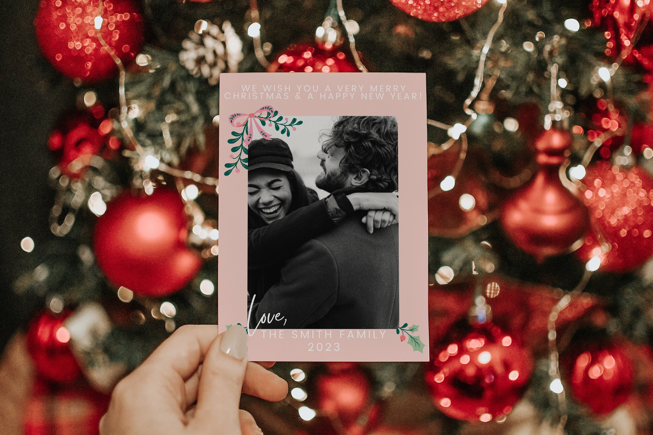 Printable Christmas Cards With Photo, Pink Holly Christmas Card Digital ...