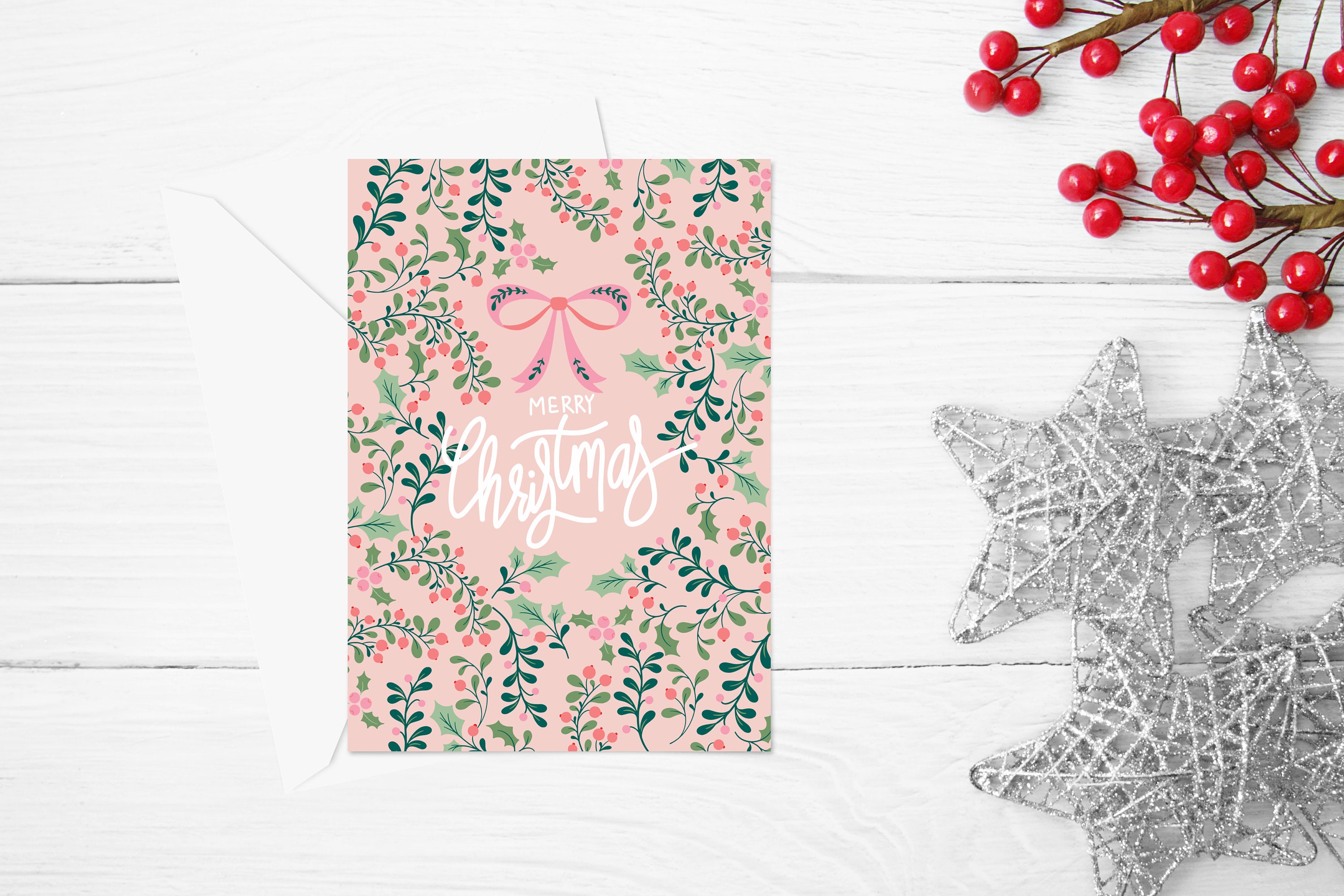 Printable Christmas Cards With Photo, Pink Holly Christmas Card Digital ...