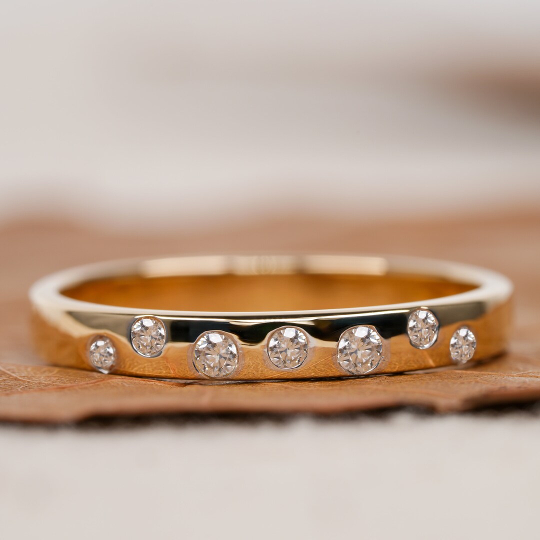 14k Gold Flush Round Lab Diamond Stacking Ring Tiny Wedding Band Ring ...
