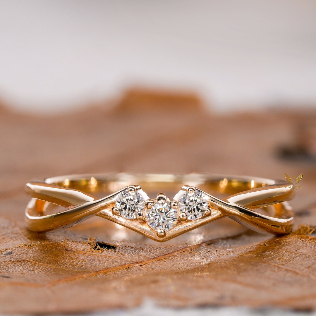 14k Solid Gold Minimal Twisted Diamond Ring,trilogy Engagement Ring ...