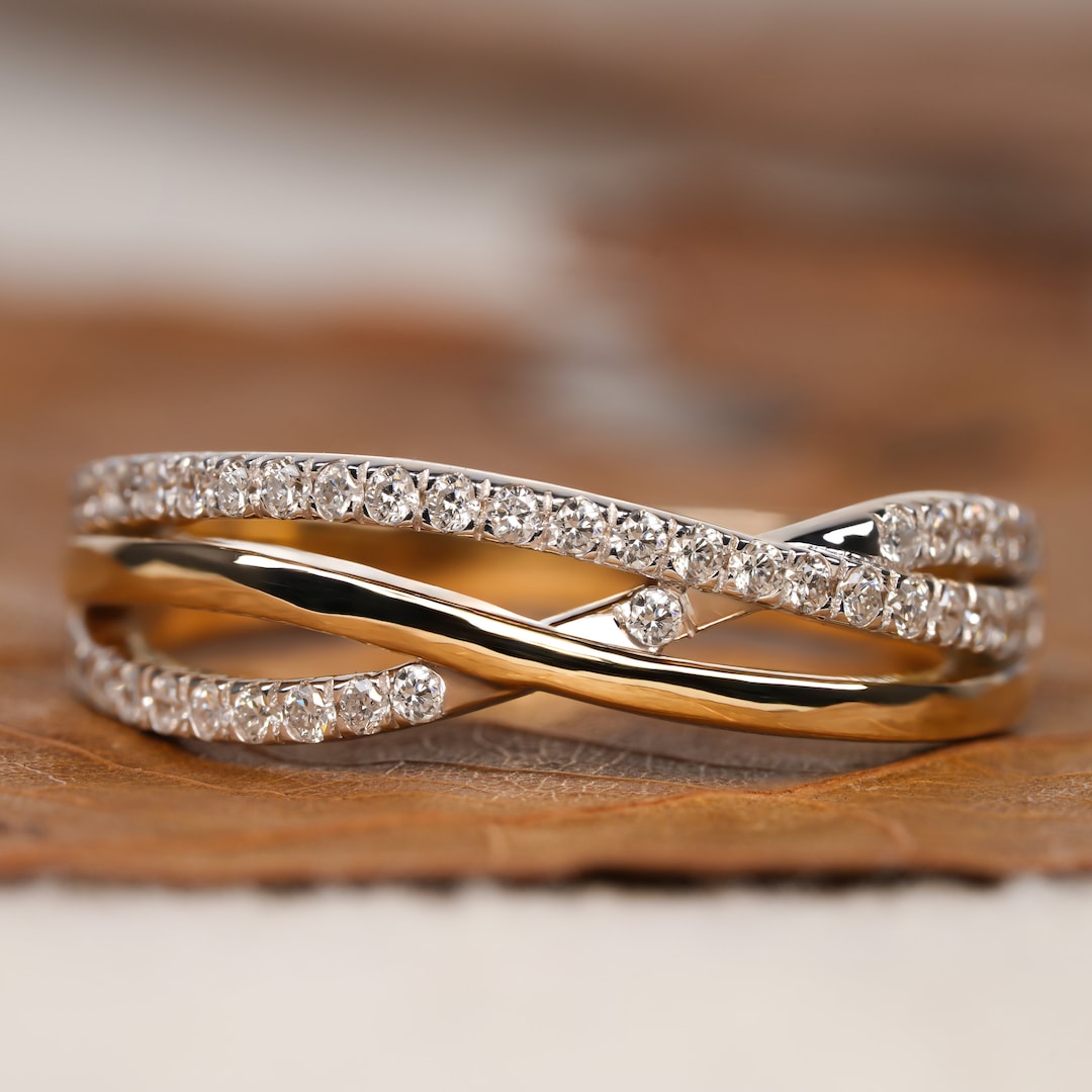 Crossover Round Lab Diamond Wedding Ring 14K Solid Yellow Gold Criss ...