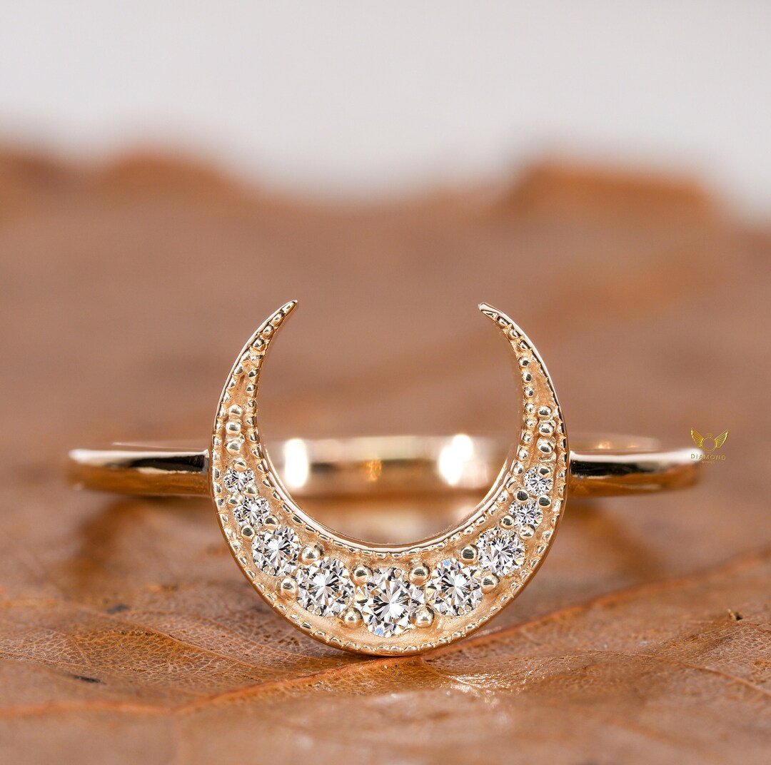 Upside Down Diamond Crescent Moon Ring,milgrain Moon Phase Ring,night ...