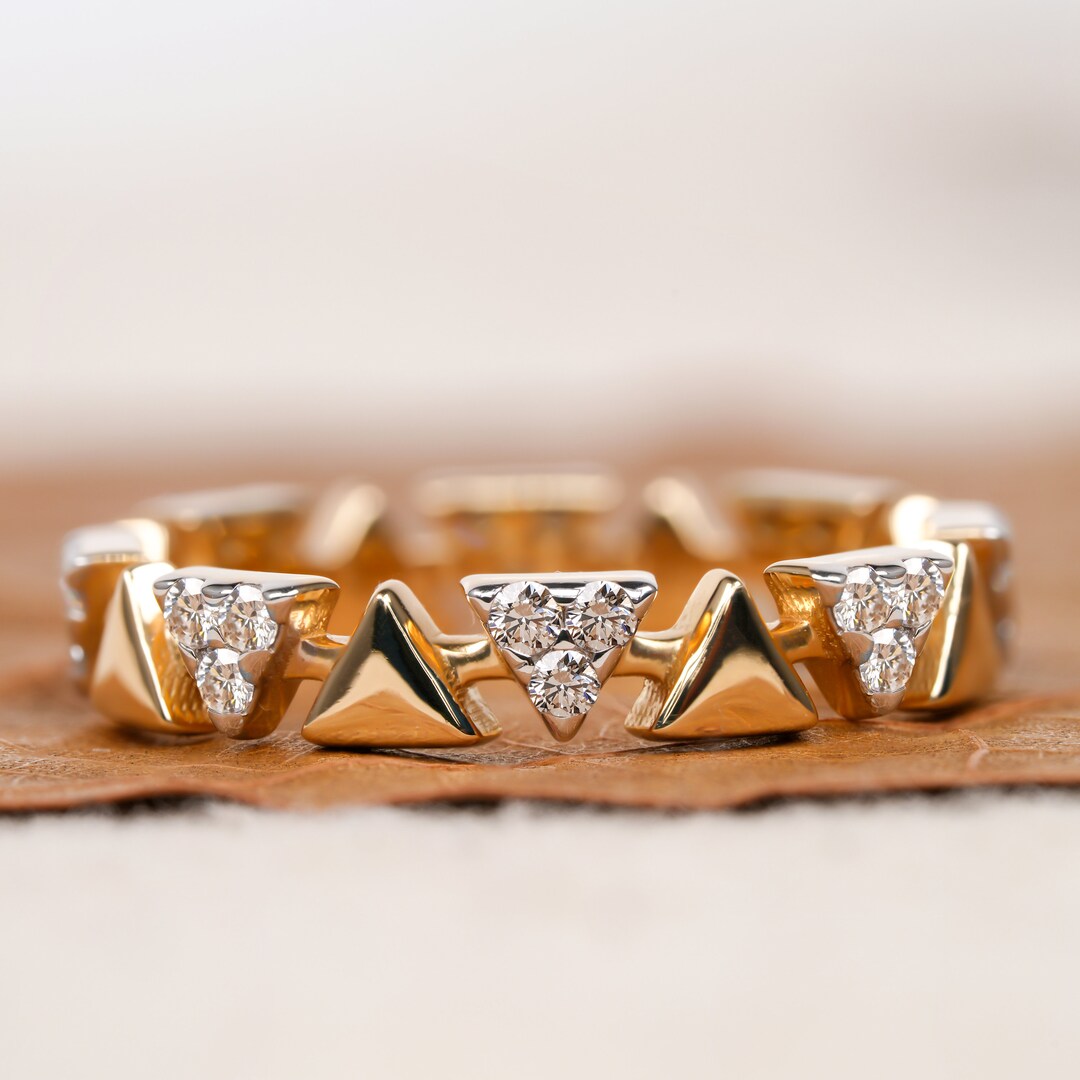 14k Solid Gold Lab Diamond Triangle Wedding Band Ring Pave Stackable ...