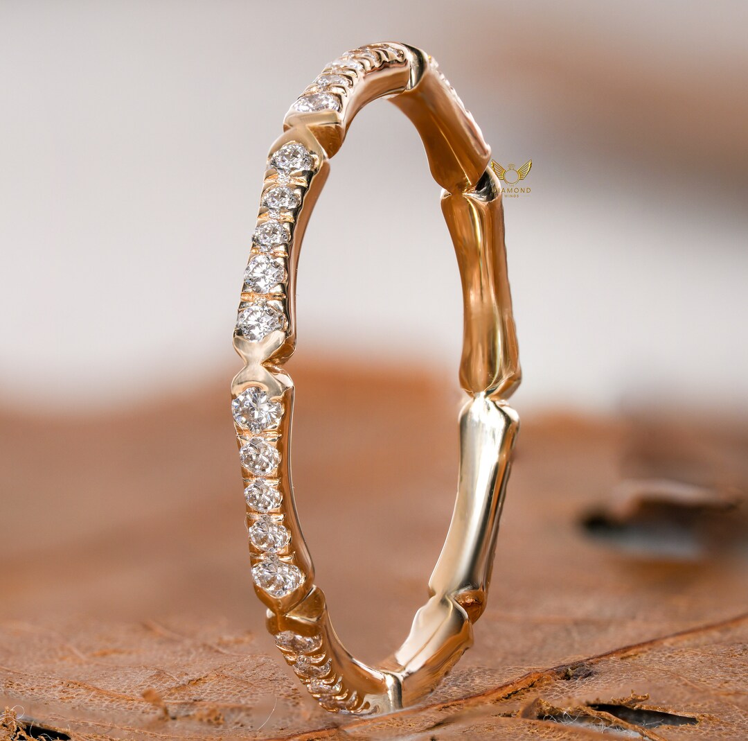 Full Eternity Stacking Bone Ring,natural Pave Diamond Bamboo Ring,14k ...