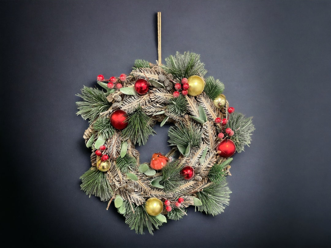 Artificial 12 Inch Wreath With Pine Cones and Little Robin. - Etsy