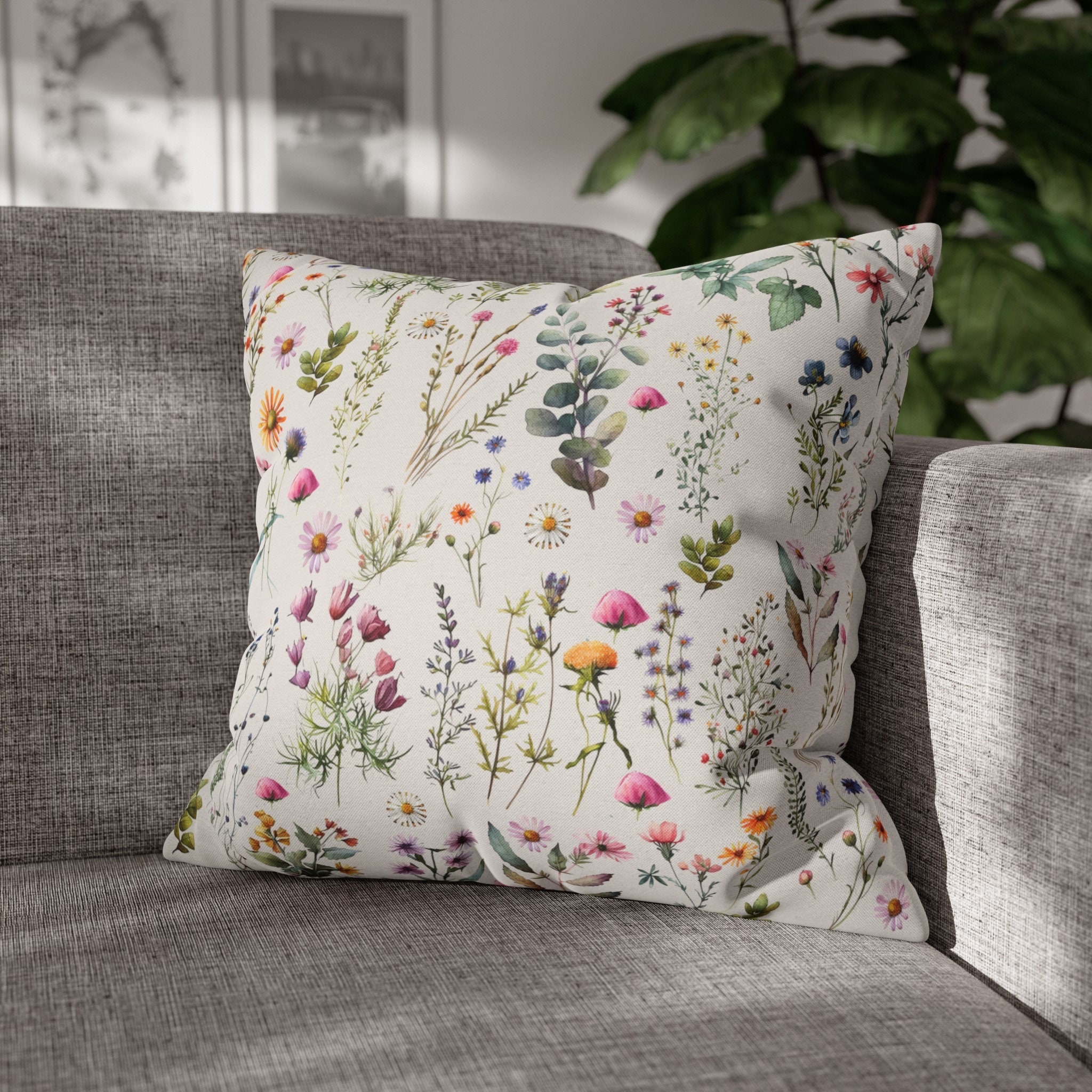 Boho Floral Throw Pillow Cottagecore Decor - Spring Summer Wildflower ...
