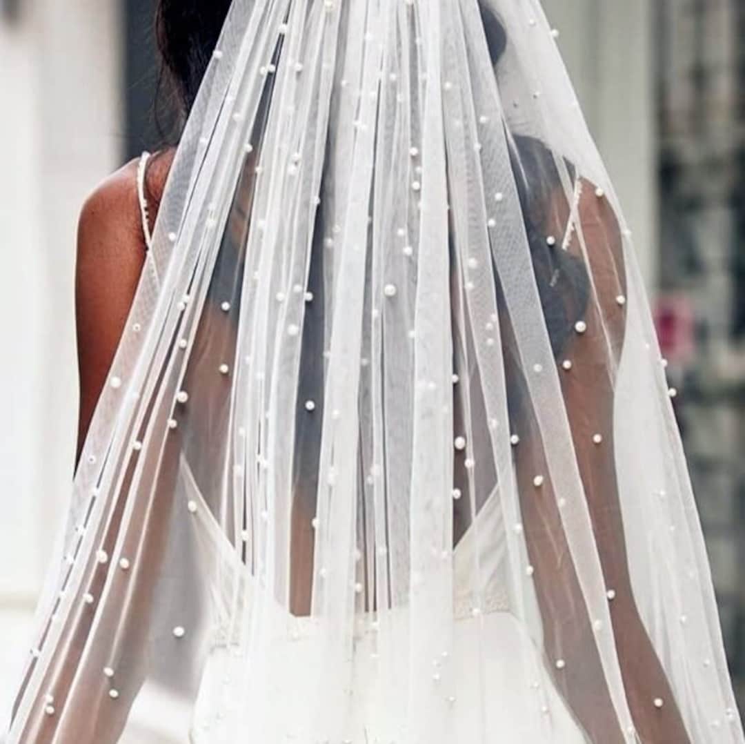 Wedding Veil With Pearls, Cathedral Length Tulle Pearl Veil, Bridal ...