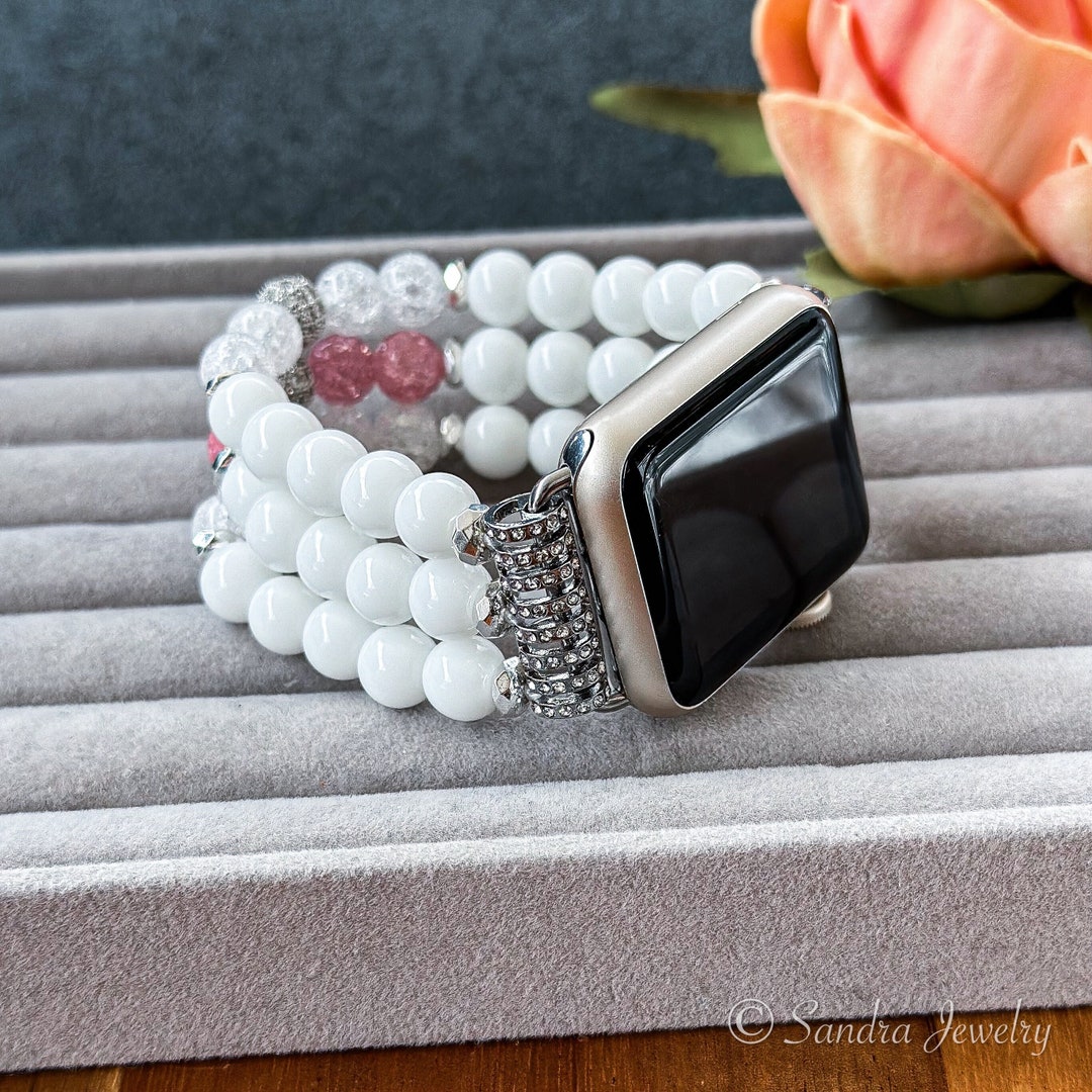 White Onyx and Snow Cracked Crystal Beaded Bracelet for Apple Watch ...