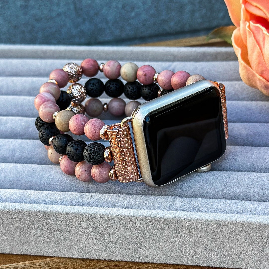 Dull Polish Pink Rhodonite Beaded Band for Apple Watch, Handmade ...