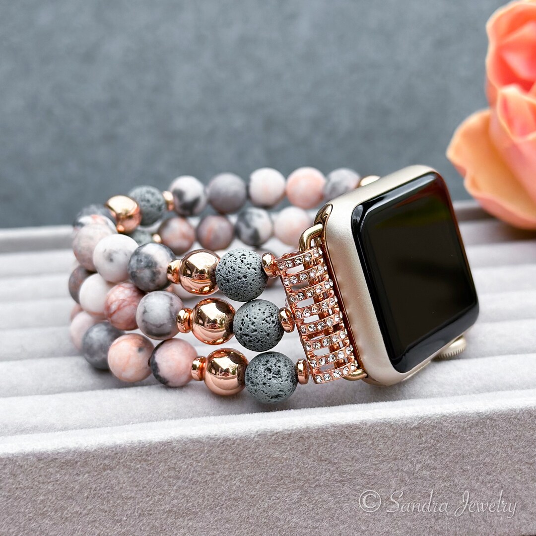 Natural Stone Apple Watch Replacement Band, Zebra Onyx Beaded Bracelet ...