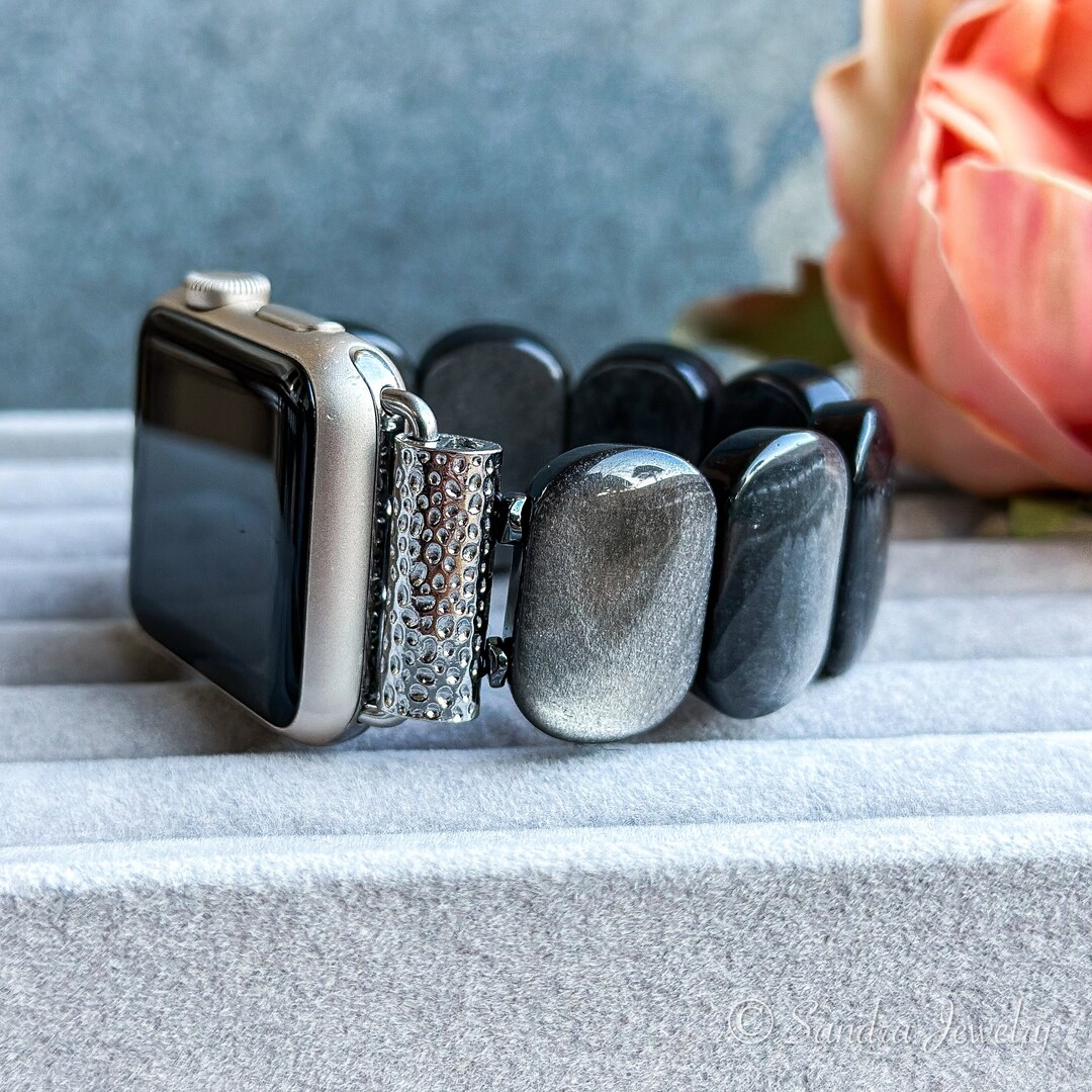 Silver Obsidian Natural Stone Bracelet for Apple Watch, Fashion Beaded ...