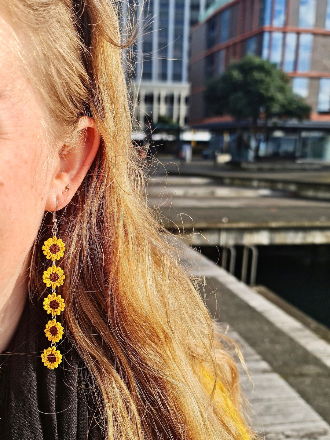 Handmade Micro Crochet Flower Chain Earrings, Sunflower Chains, Yellow ...