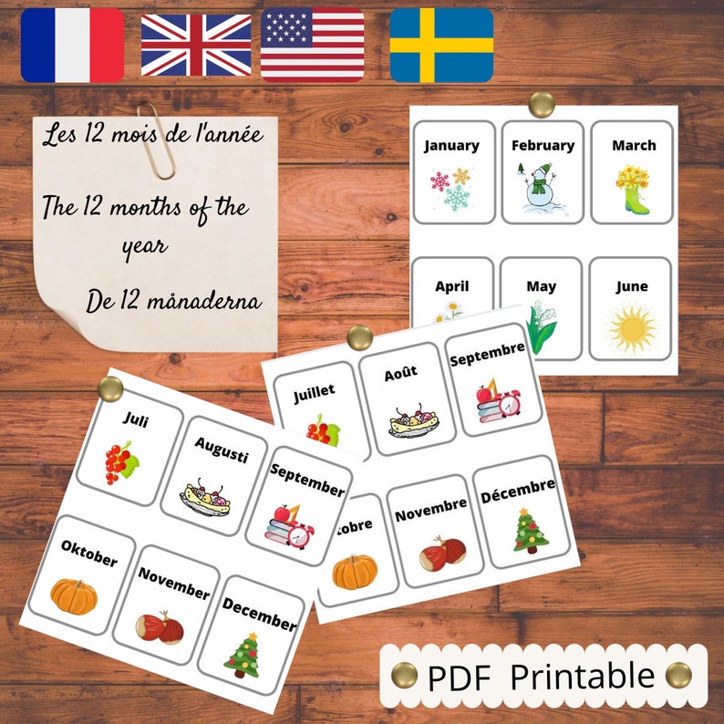 Flashcards the Months of the Year in French, English and Swedish - Etsy