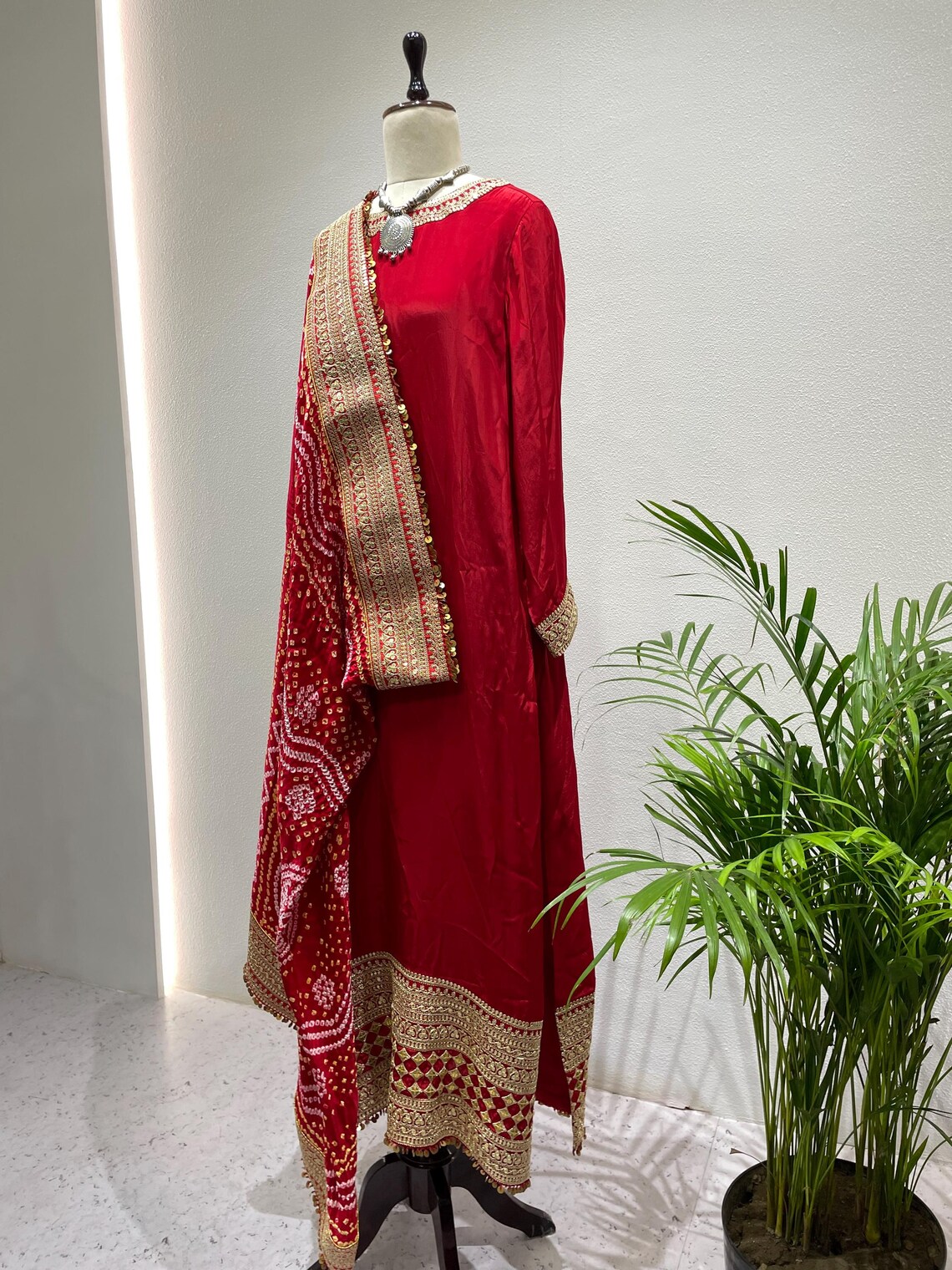 Handmade Red Bandhani Dupatta With Copper Sequins – Traditional ...