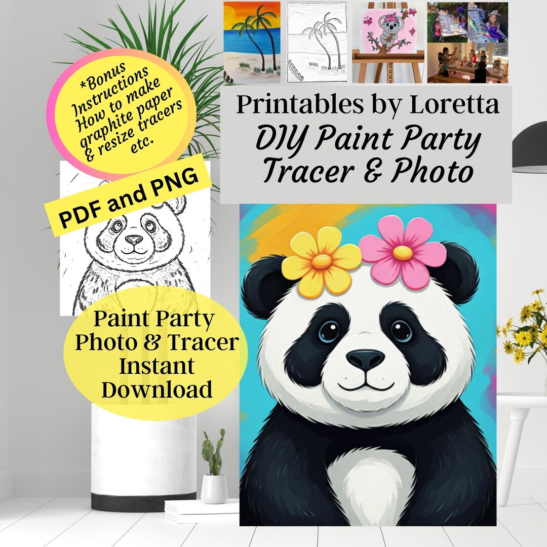 DIY Paint Party Kit Instant Download Cute Panda Bear With Flowers ...