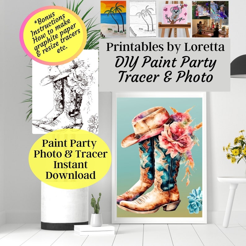 DIY Paint Party Kit Instant Download Cowboy Boots and Flowers, Paint ...