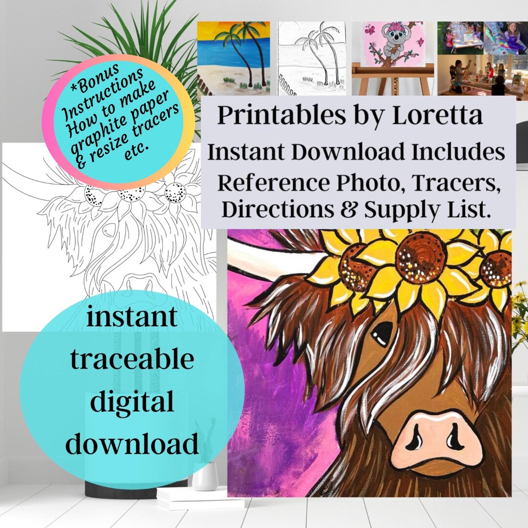 DIY Paint Party Kit Instant Download Highland Cow Sunflower,photo ...
