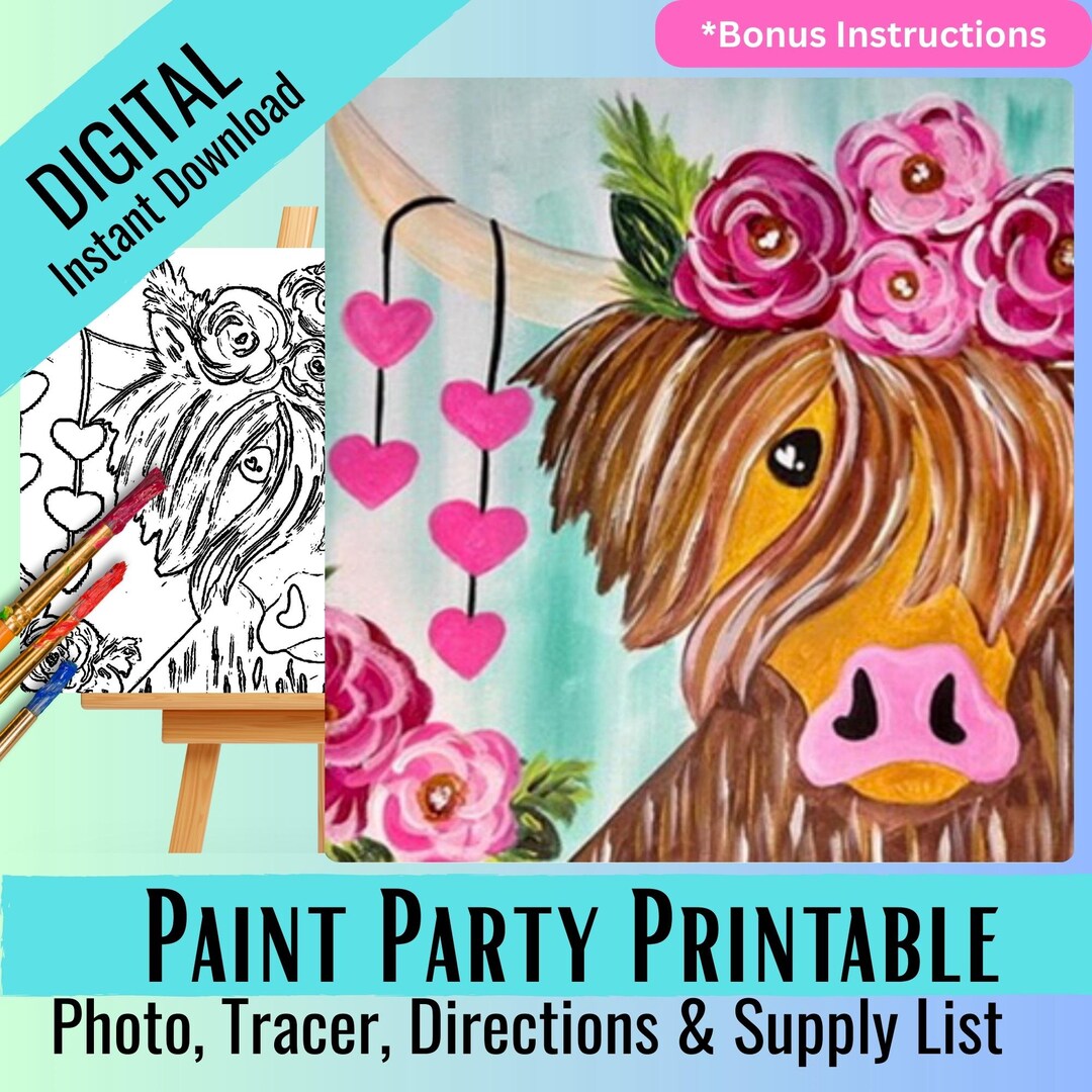 Highland Cow Paint Party Kit: Hearts & Flowers (digital Download) - Etsy