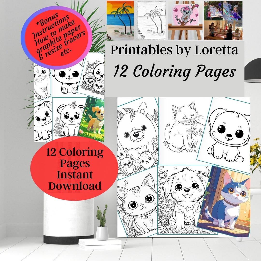Cute Dogs and Cats Coloring Pages Instant Download 12 Page Coloring ...