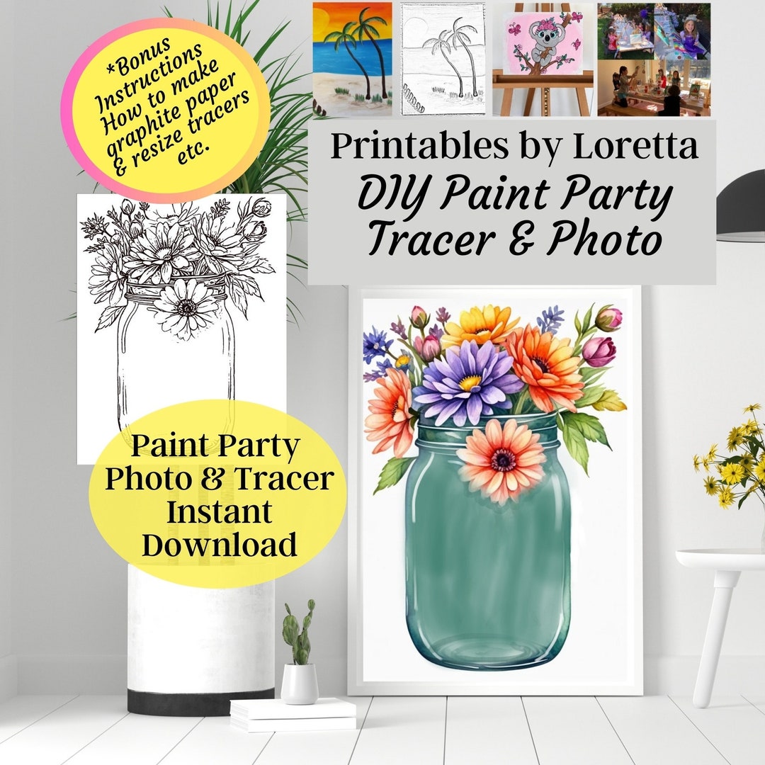 Mason Jar Flowers Paint Party Tracer: DIY Painting Template (digital ...