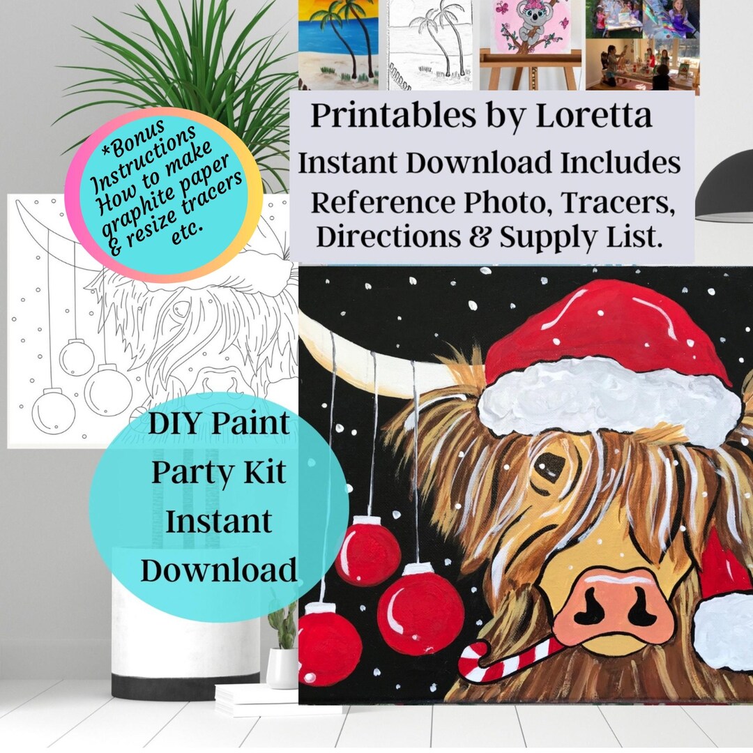 DIY Paint Party Kit Instant Download Christmas Highland Cow for Paint ...