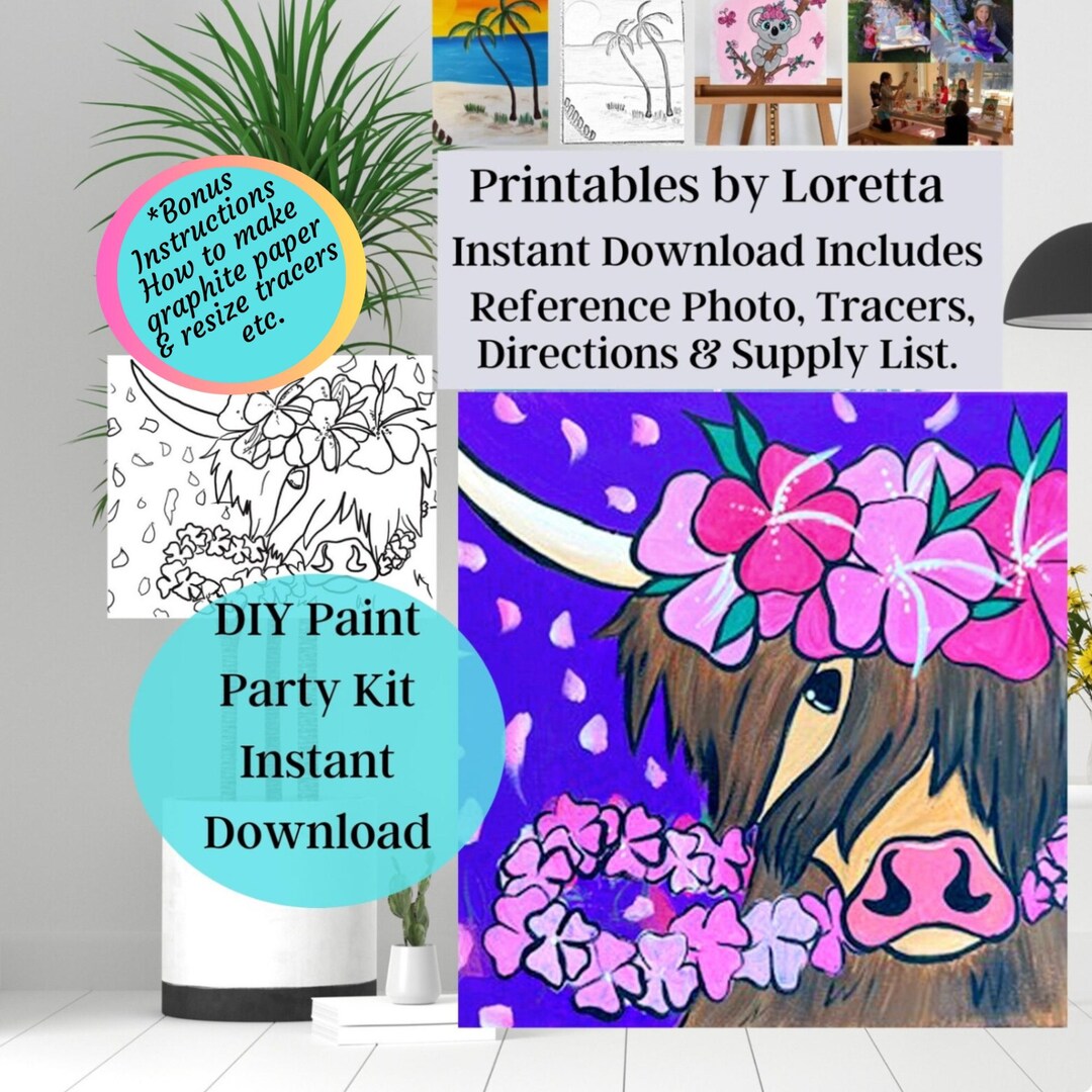 Highland Cow Paint Party Kit: Hawaiian Floral Theme (digital Download ...