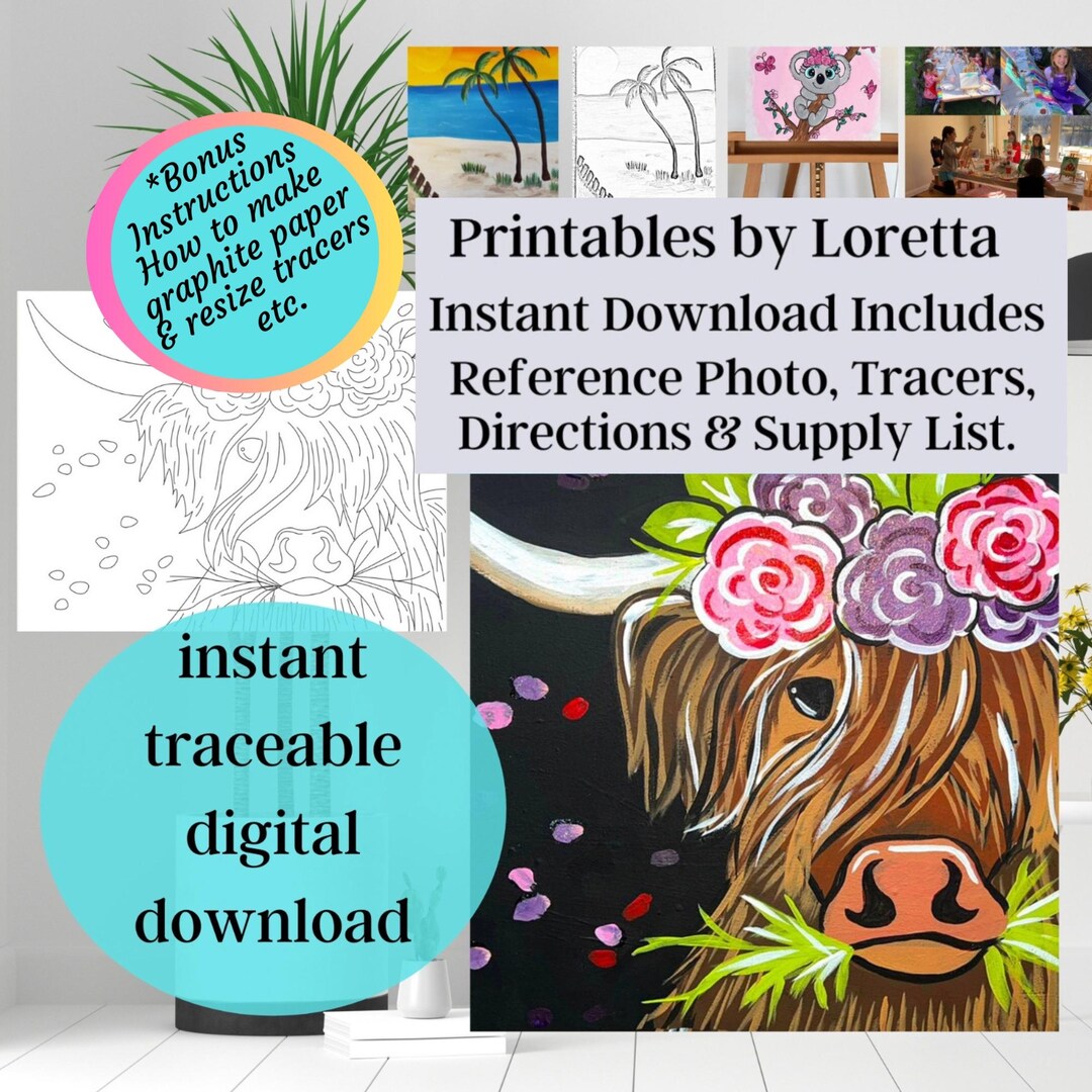 Highland Cow Paint Party Kit: Traceable DIY Art (digital Download)photo ...