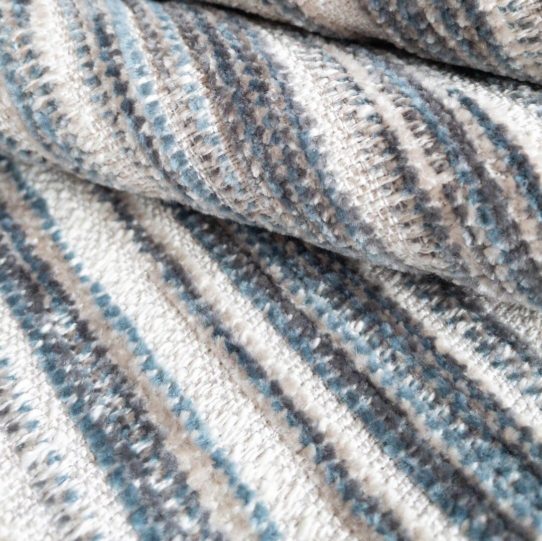 Blue Chenille Fabric Striped Upholstery Blue Chenille Woven Fabric for ...