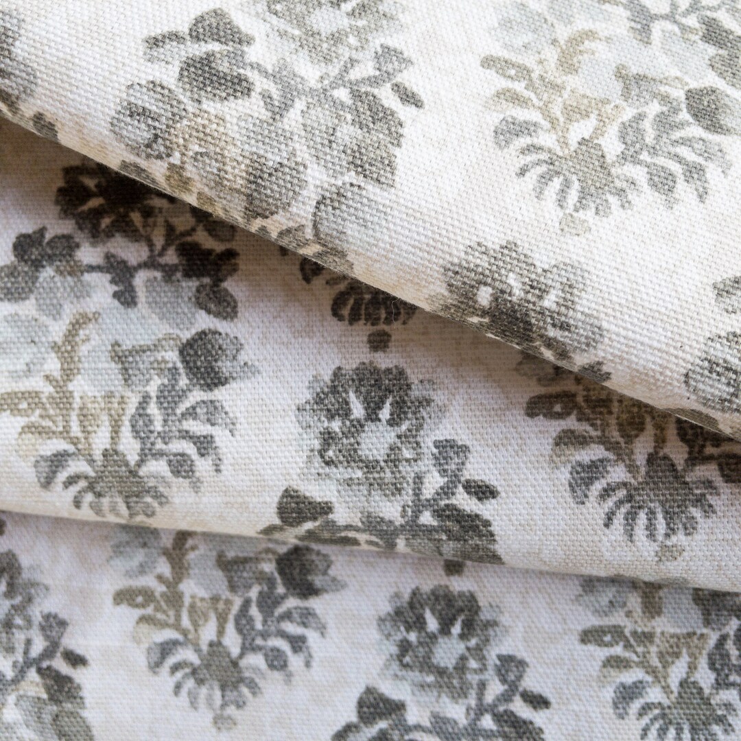 Grey Block Print Drapery Fabric Beige Floral Curtain Fabric for Pillows ...