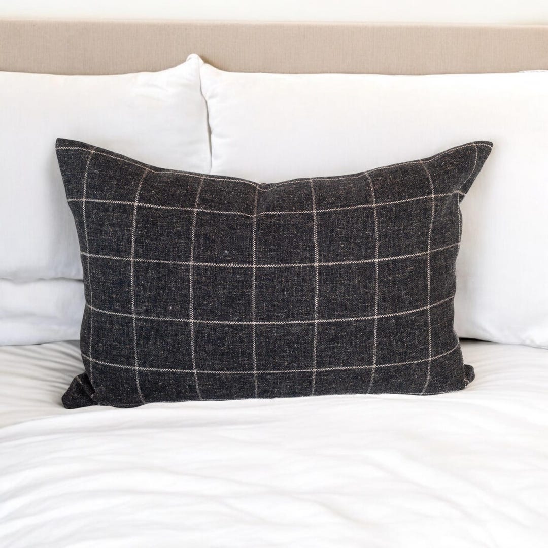 Black Lumbar Pillow Cover Plaid Bolster Pillow Modern Plaid Pillow ...