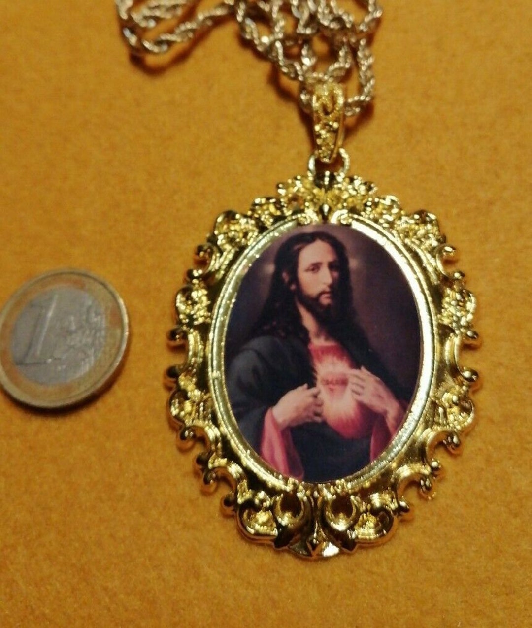 SACRED HEART of JESUS Large Gold Medallion Handmade Item Enamelled ...