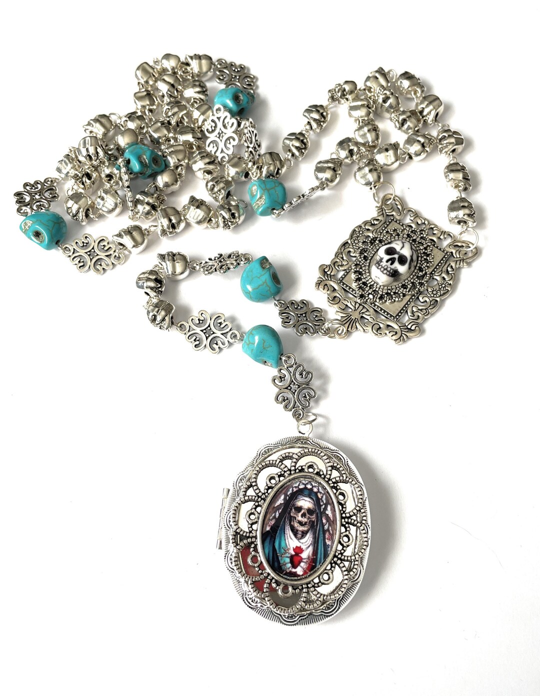 LA SANTA MUERTE Silver & Turquoise Beads Rosary / Home / Wicca ...
