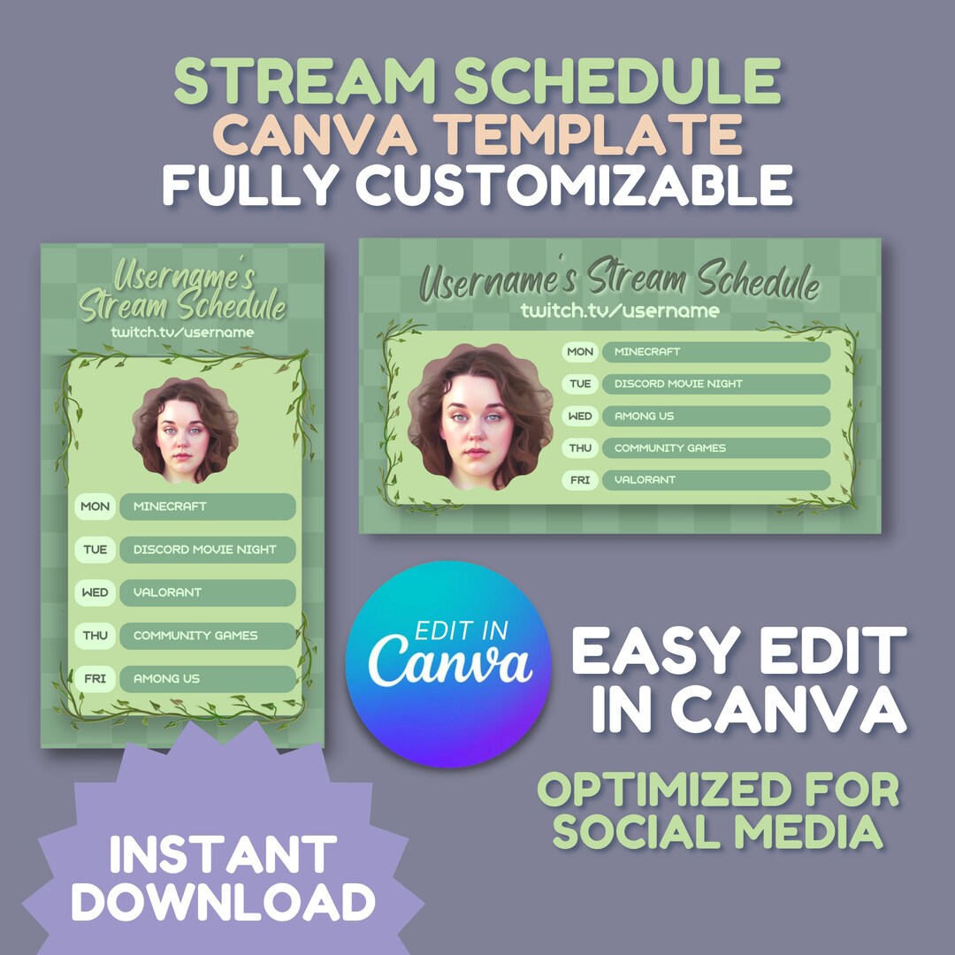Customizable Weekly Stream Schedule Template - Twitch, Youtube - Canva ...