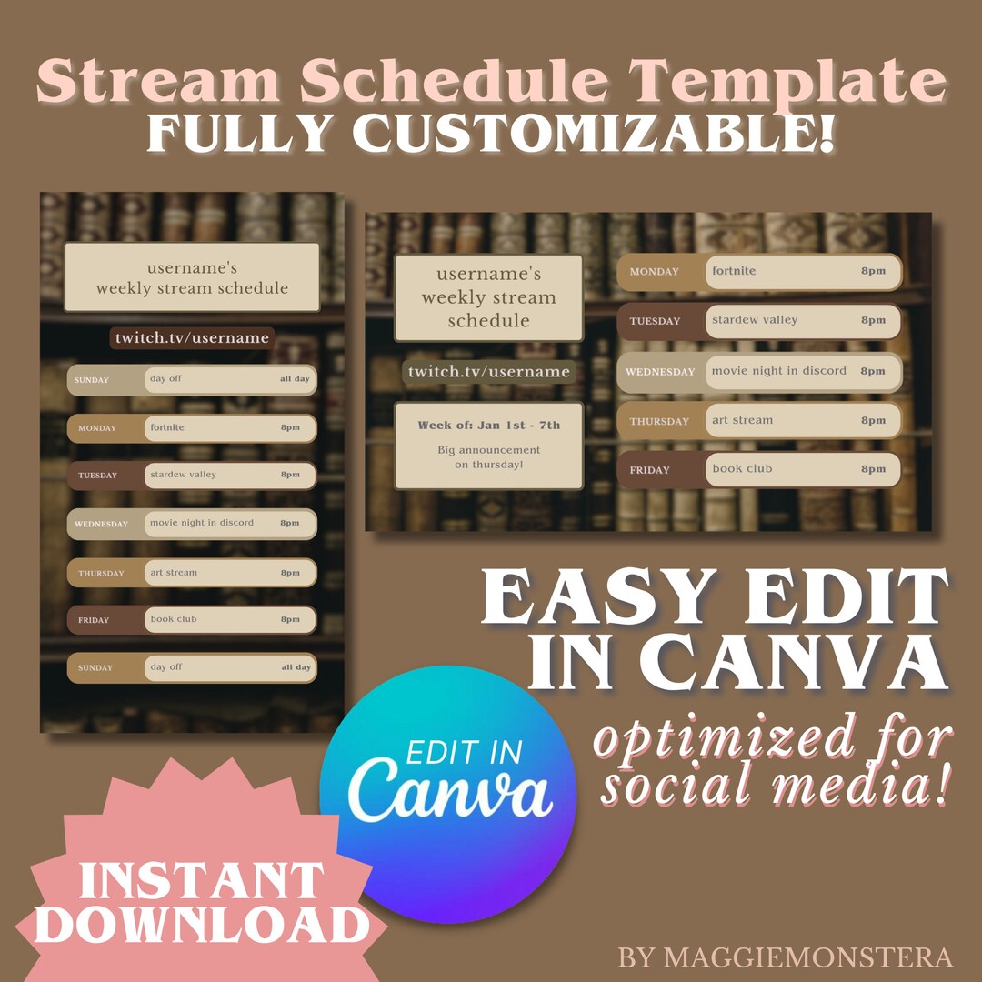 Bookish Weekly Stream Schedule Canva Template - Twitch, Youtube ...