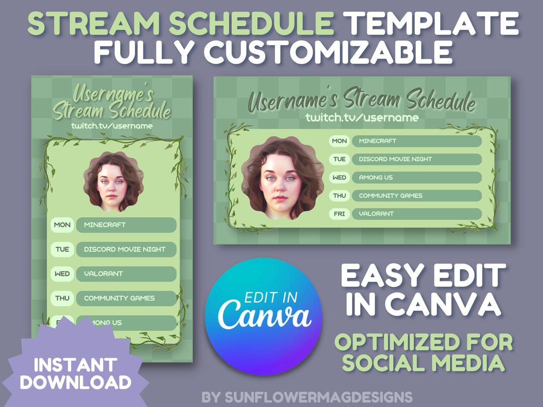 Customizable Weekly Stream Schedule Template Twitch Youtube - Etsy
