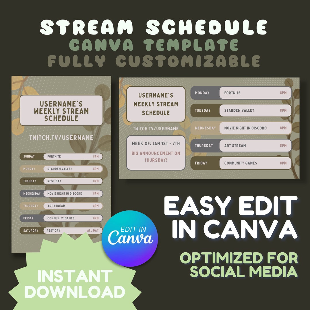 Custom Twitch Week Stream Schedule Sage Green Plants | Canva Template ...