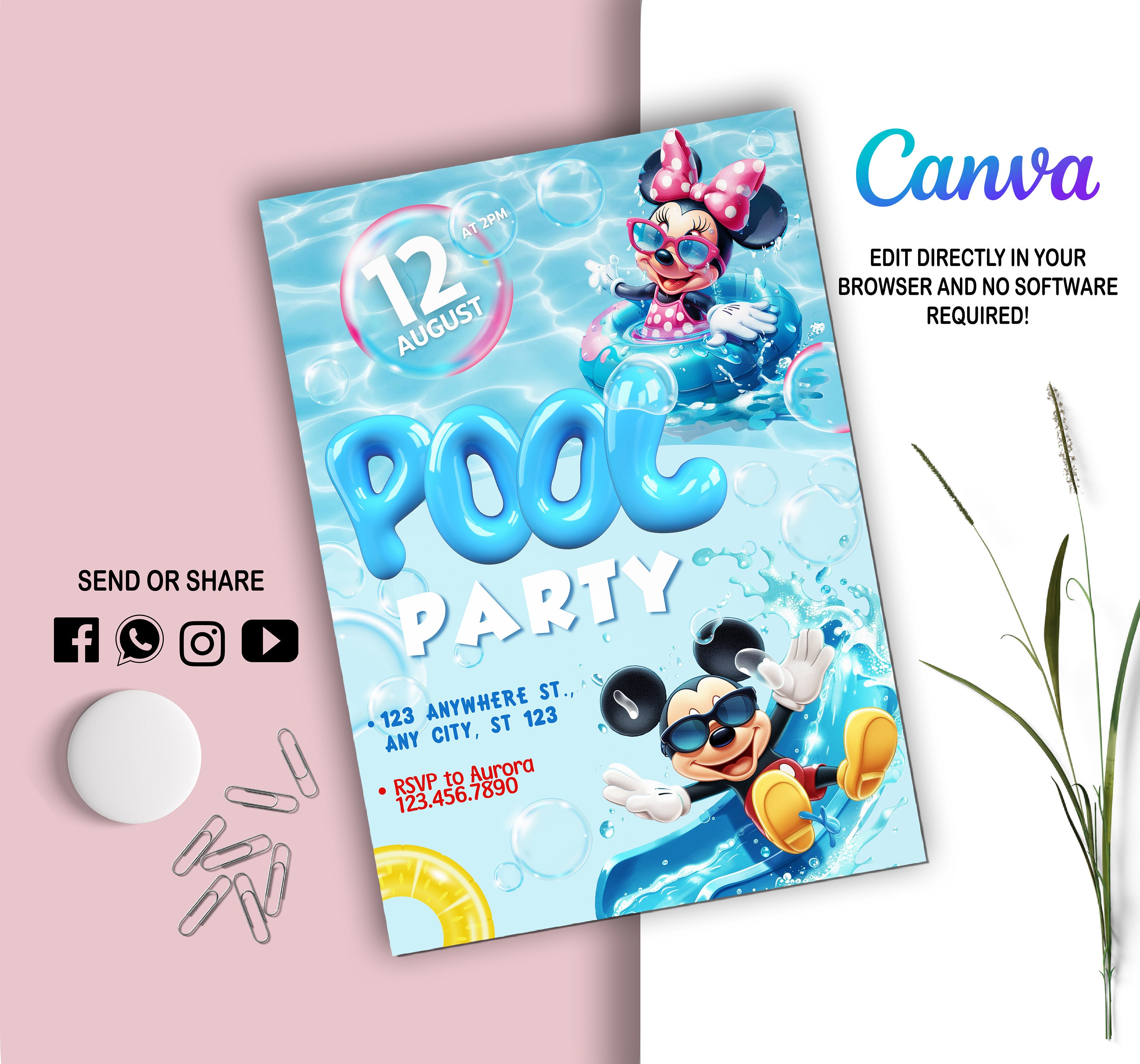 Pool Party Invitation L Mickey Minnie Invite L Digital Party Invite L ...