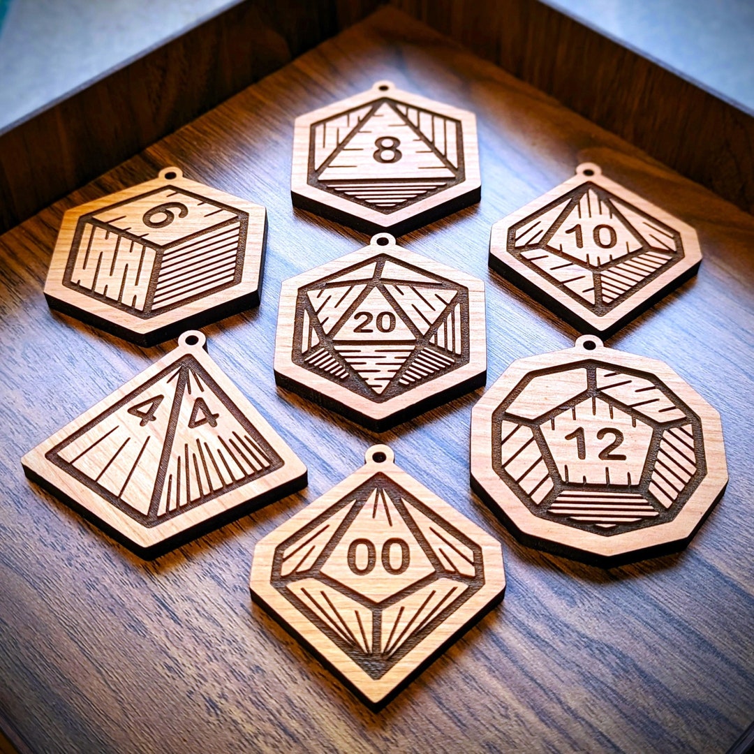 Dice Ornaments Set of 7 • Solid 1/4" Cherry Wood • Engraved • TTRPG ...