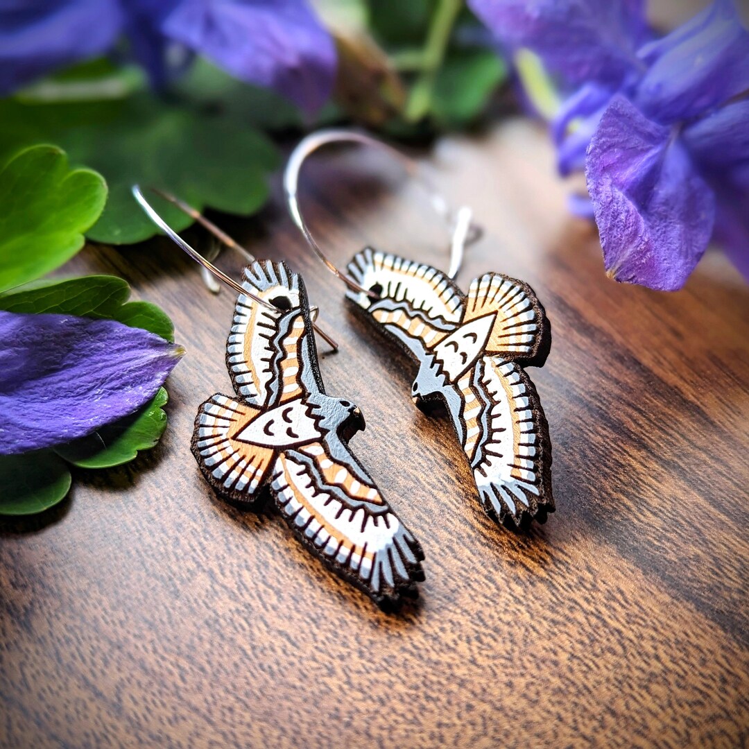 Hawk Earrings Solid Cherry Hand Engraved and Painted Wood Dangle ...