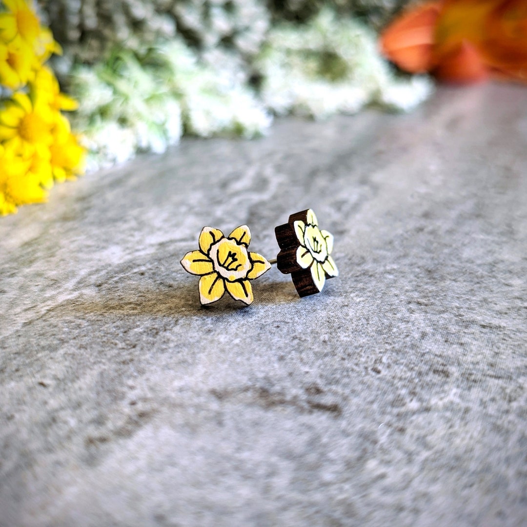 Daffodil Earrings • March Birth Flower Earrings • Hand Painted Wood ...