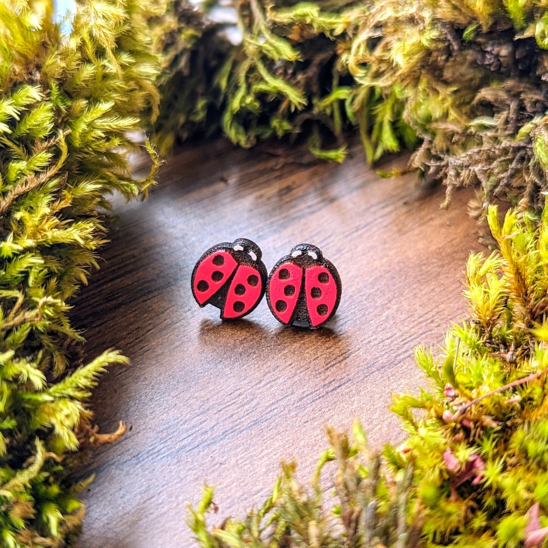 Ladybug Earrings • 4 Colors • Hand Engraved and Painted Wood Studs • Nature Lover's Gift - Etsy