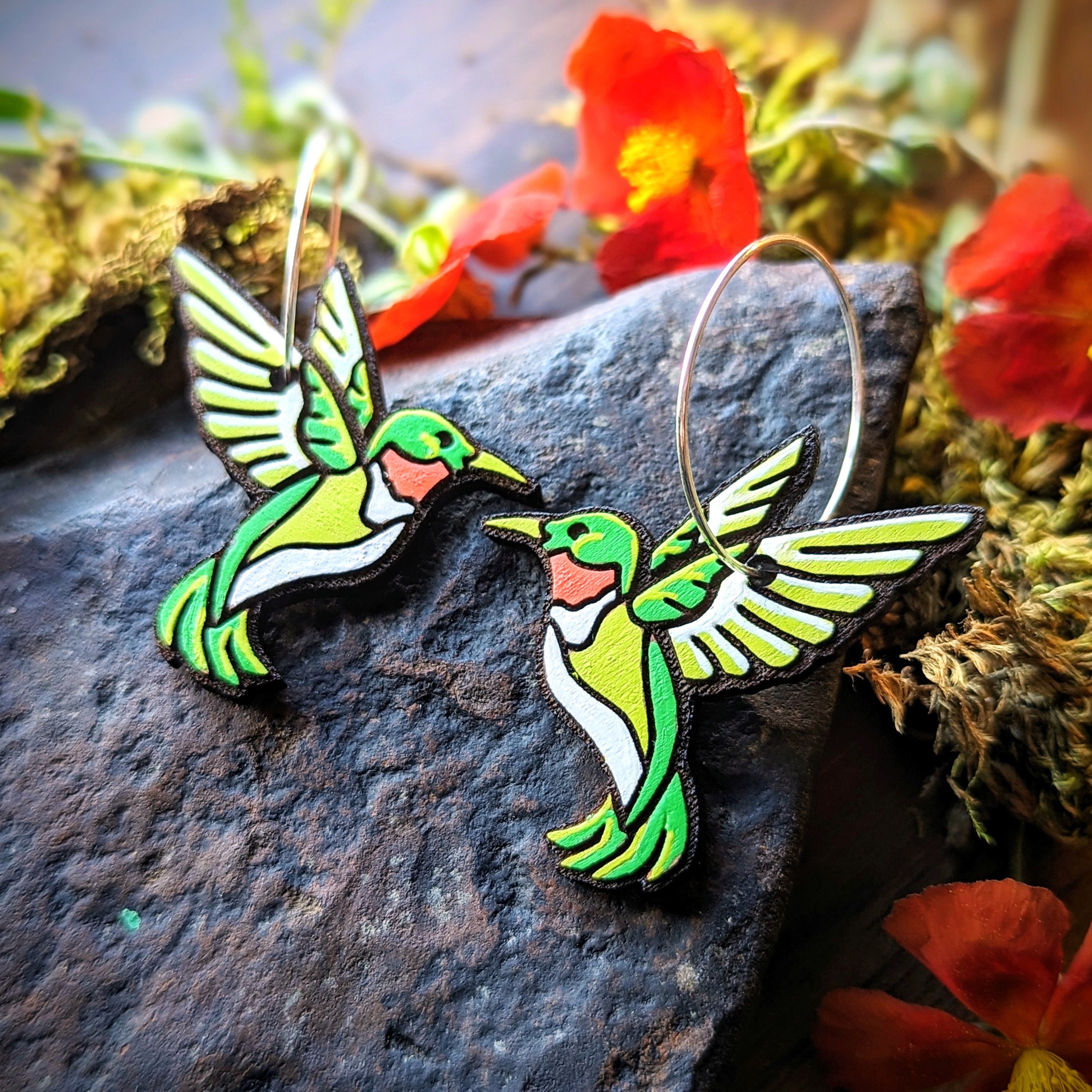 Hummingbird Earrings 3 COLOR OPTIONS Hand Painted Solid Wood Jewelry ...